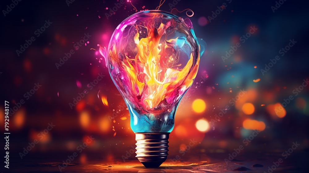 Lightbulb eureka moment with Impactful and inspiring artistic colourful ...