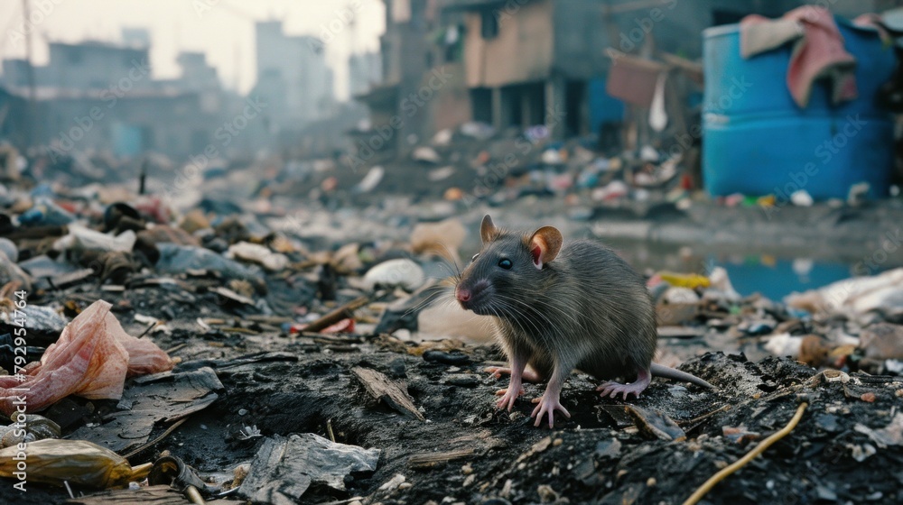 Dirty, shaggy, skinny rat ate garbage. Garbage bags on the floor were ...