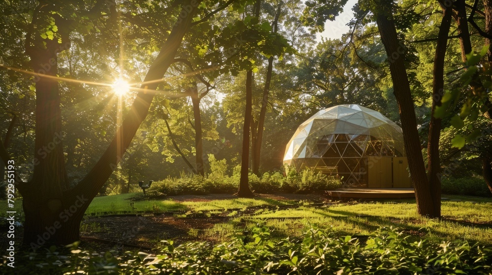 The sun peeks through the leaves casting dappled light onto the serene ...