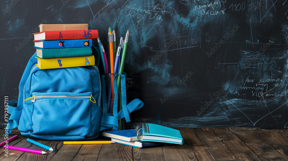 Back to School Concept. blue Backpack with Books, Notebooks, Colorful ...