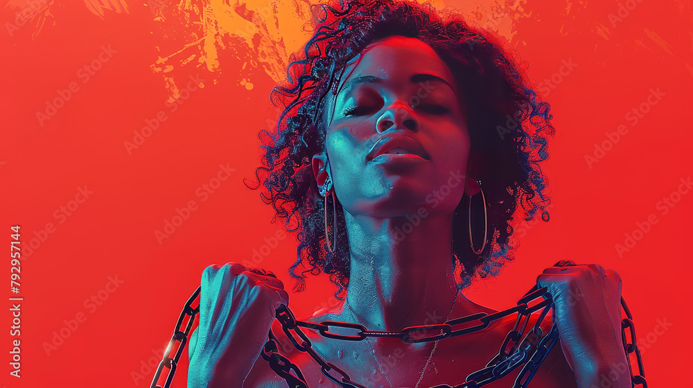Portrait of a strong self-confident woman. She breaks the chains that ...