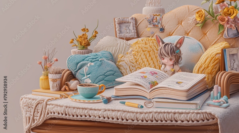 Show open book, pink and mint color bookish cartoon illustration, 3D ...