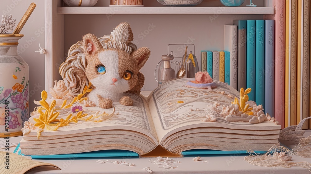 Show open book, pink and mint color bookish cartoon illustration, 3D ...