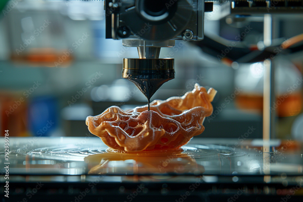 In-depth view of a 3D bioprinter creating organ tissues, focusing on ...