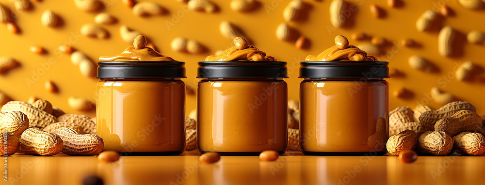 Wide photo of food containers in order, set of brown peanut butter jars ...