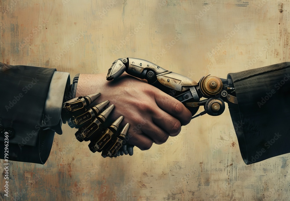 Man and robot handshake in a modern technology art collage. Stock ...