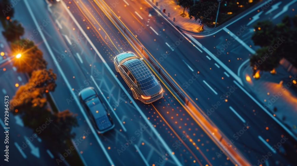 The following aerial drone view shows an autonomous self-driving car ...