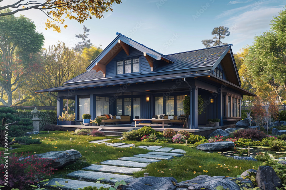 Foto de The quarter view of a rich indigo craftsman cottage with a dual ...