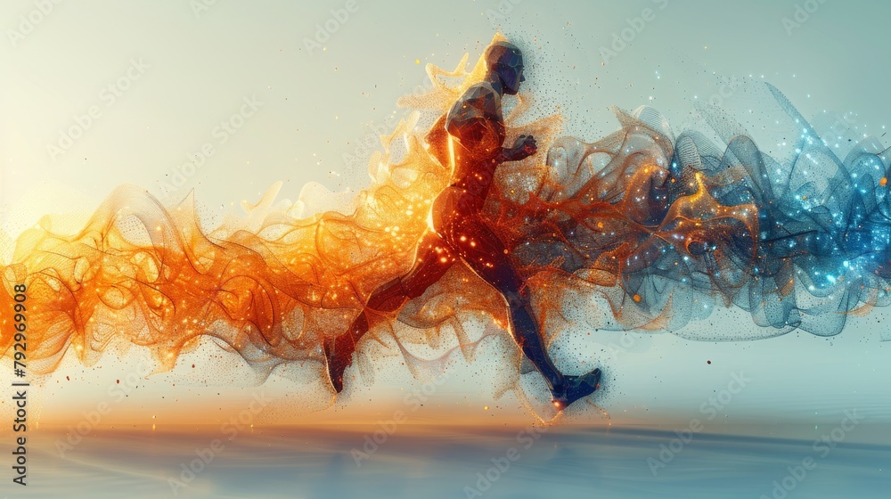 Runner jumping with polygons in sport science technology concept Stock ...