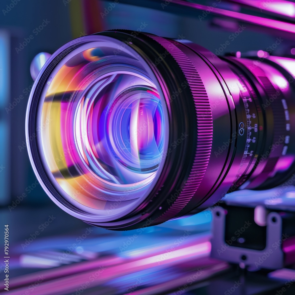 Detailed examination of a zoom lens in a lab highlighting the optical ...