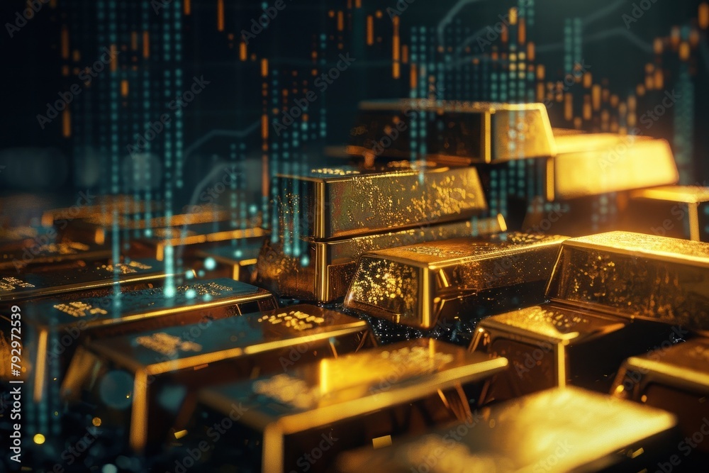 Glittering gold bars casting a warm glow against a backdrop of digital ...
