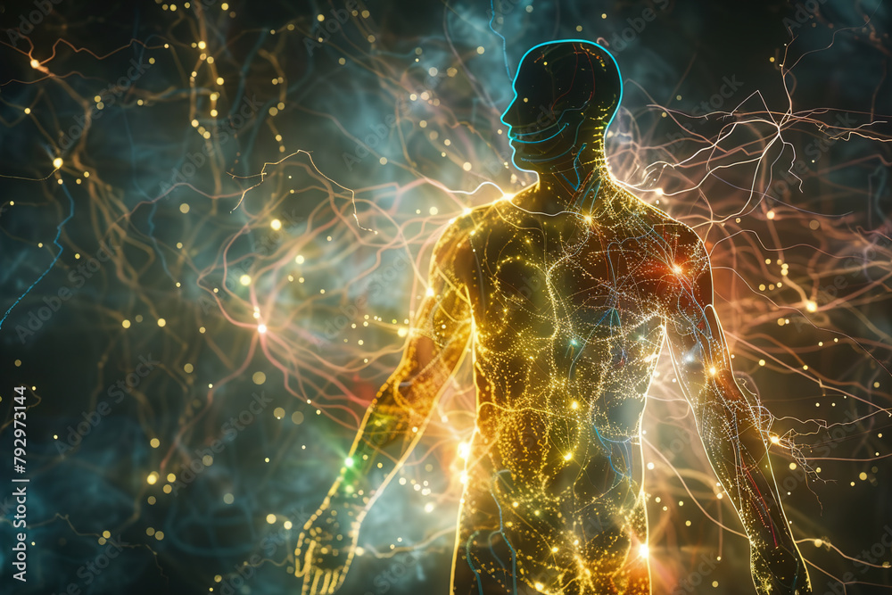 Rendering of a person outlined by illuminated nerve pathways and neural ...
