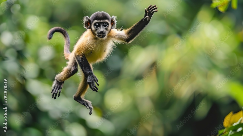 cute bow jumping from a tree in the jungle with blurred background in ...