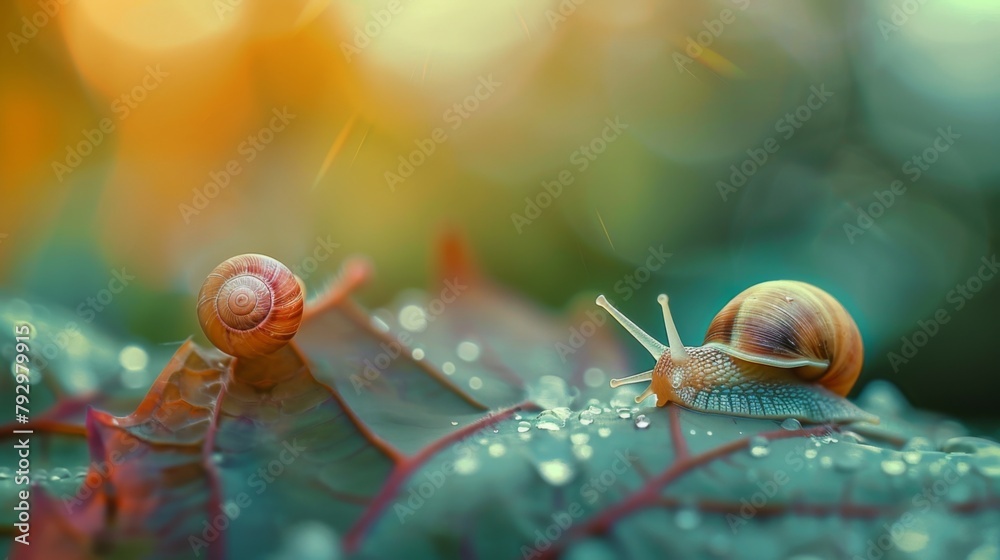 A snail slowly making its way across a leaf, leaving behind a ...