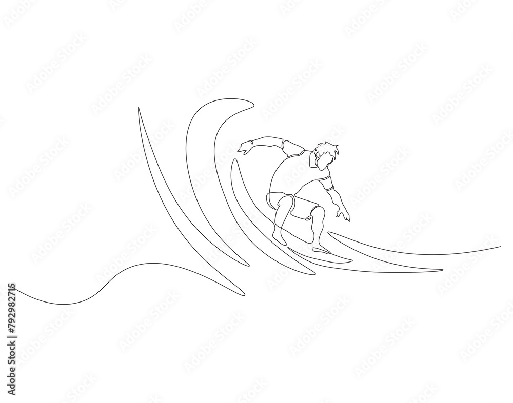 Continuous line drawing of surfer surfing on wave. One line of surfer ...