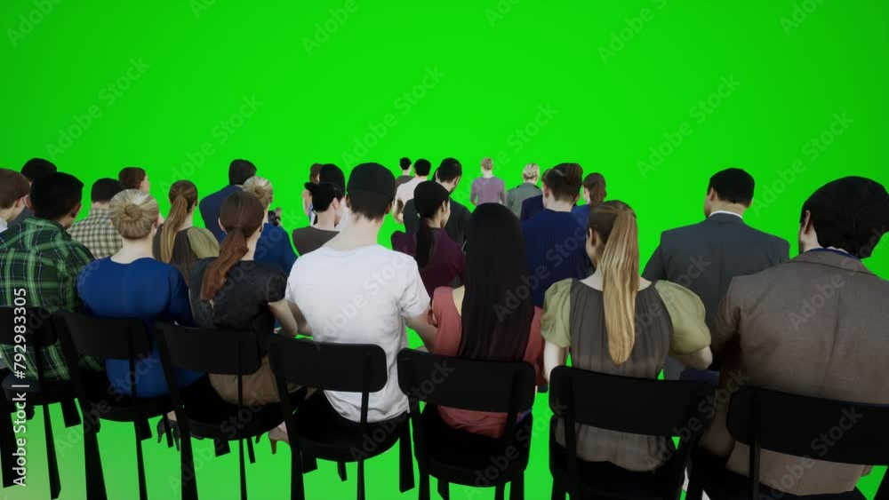 3D animation of the back view of people sitting on a chair watching a ...