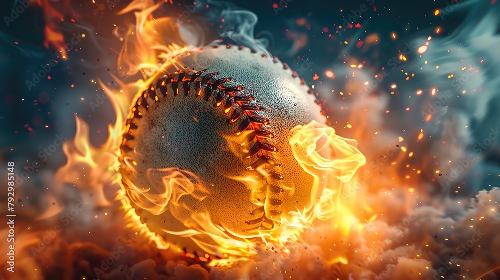 A burning baseball on fire isolated over black background detailed ...