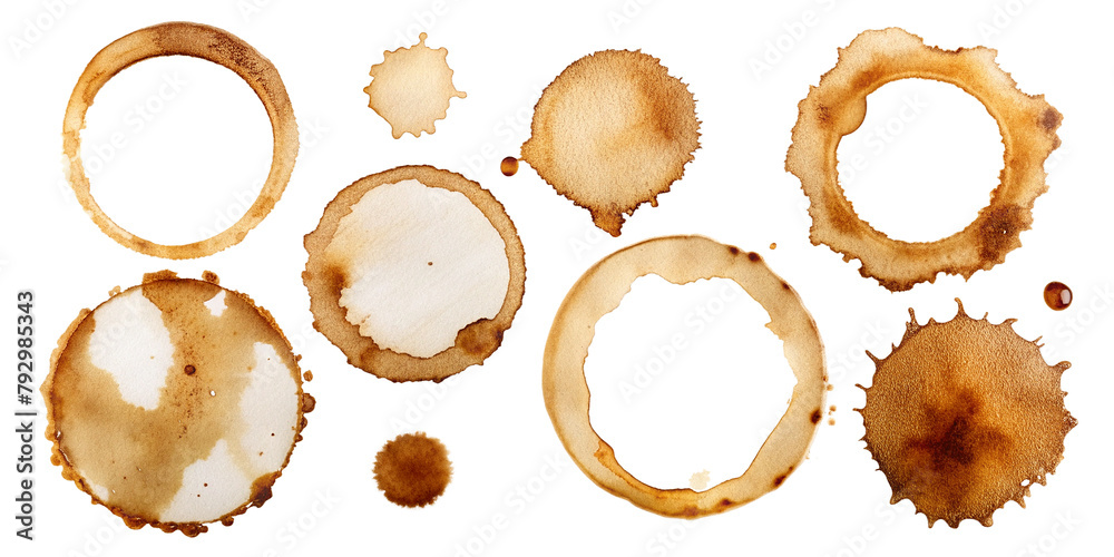 Brown coffee stains of various sizes are scattered across the ...