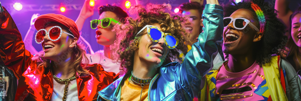80s Retro Bash: Colorful costumes, neon lights, group of friends ...