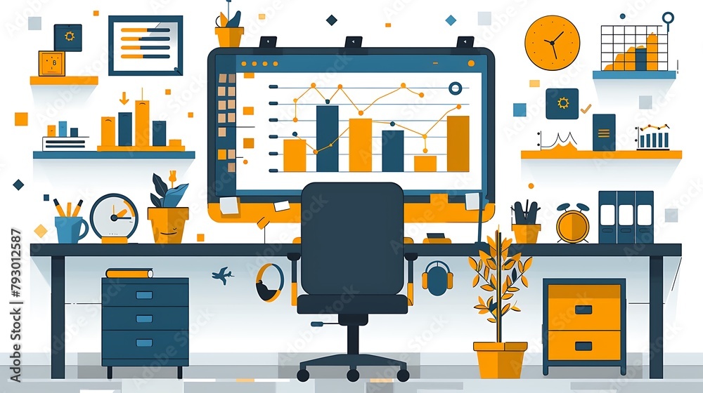 Illustrate a high-tech setup where a PC monitor shows an advanced project tracking interface ...
