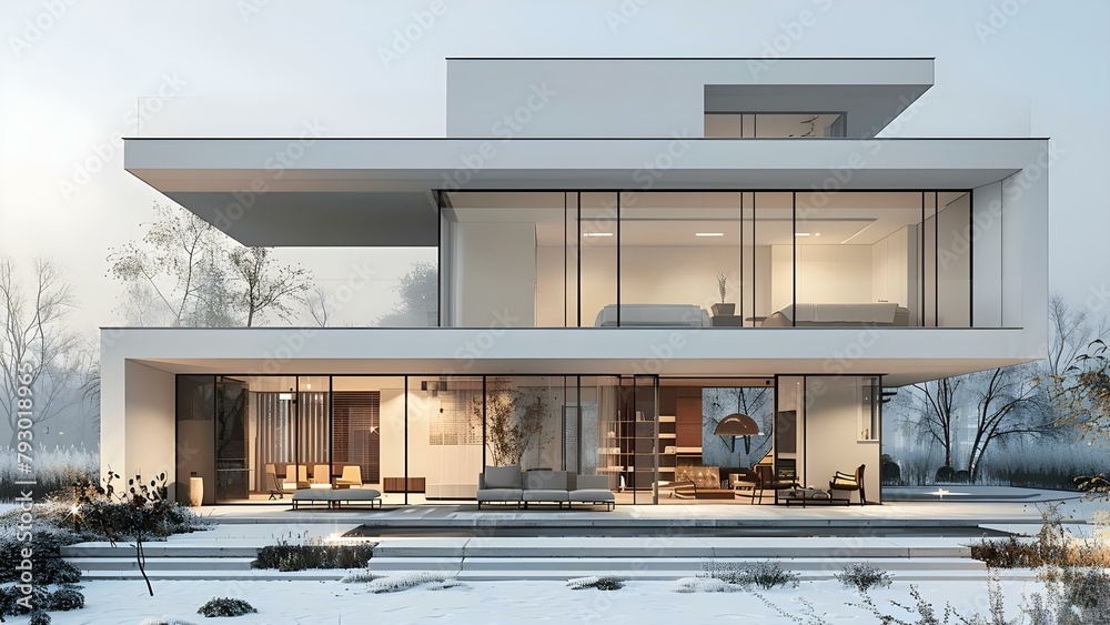Architectural house design featuring clean white background and ...