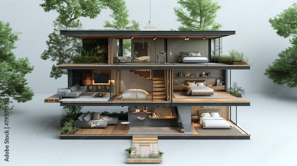 Living room near big tree on tiny earth land with green grass in real estate sale or property ...