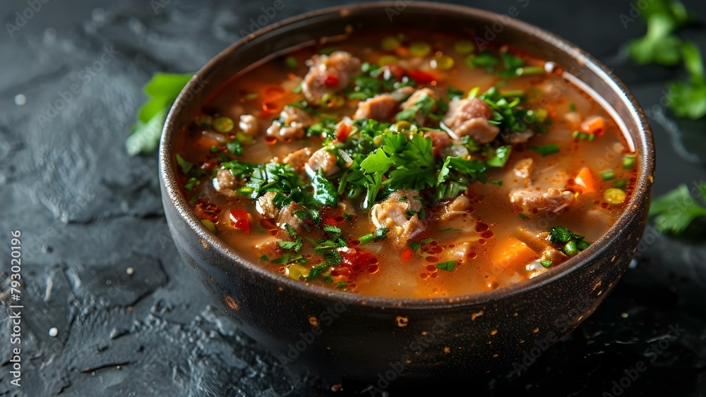 Sinigang na Baboy a Filipino pork meat soup against dark slate ...