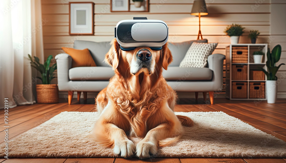Golden retriever enjoying a VR headset in a tranquil home, depicting a ...