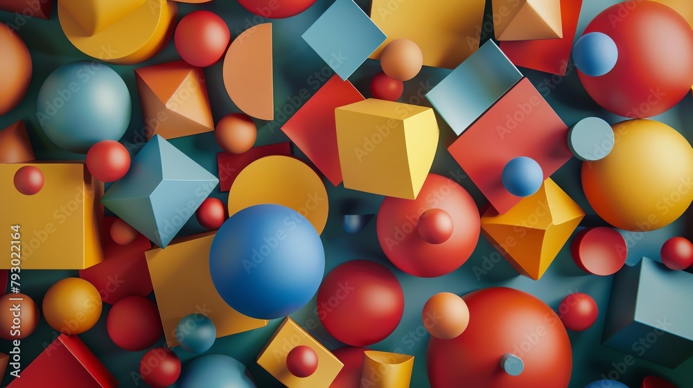 Colorful 3D shapes in a playful arrangement each texture distinct ...