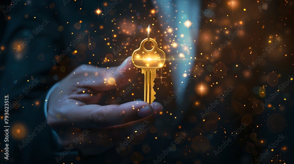 Mysterious hand holding a golden key with sparkling lights on a dark ...