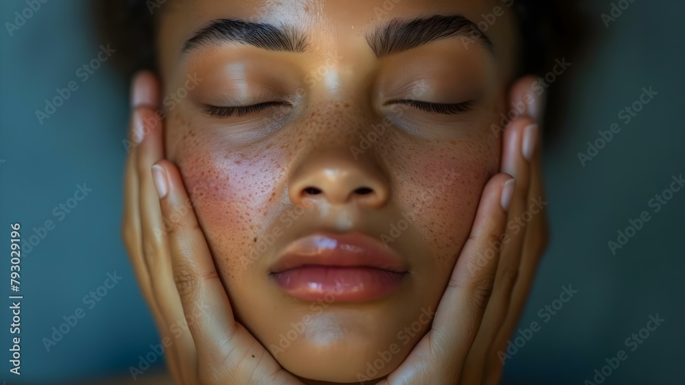 Person holding face with sinus pressure marks and congestion lines ...
