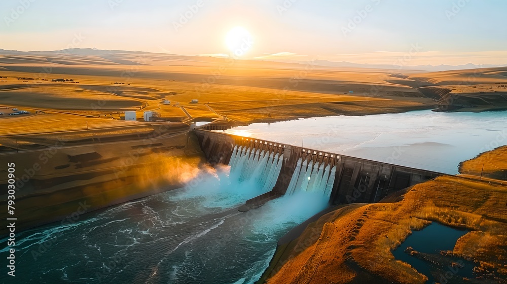 Serene sunrise over a majestic dam landscape. Idyllic scene with golden ...