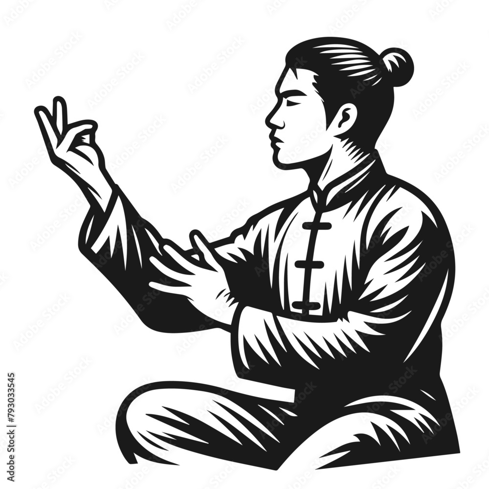Unique chinese man performing cultural 冥想 vector silhouette isolated on ...