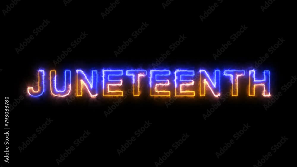 Juneteenth Animation with multicolor glowing text effects and neon sign lights on a black ...