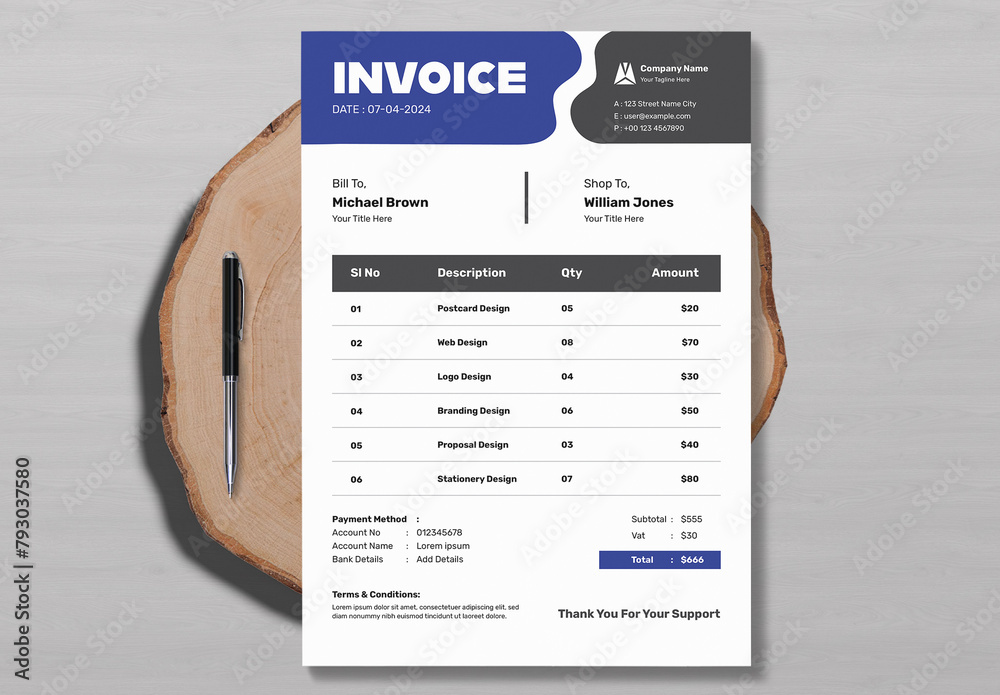 Modern Invoice Layout With Blue Accents Stock Template | Adobe Stock