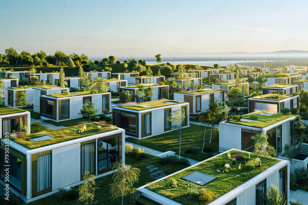 High-tech modular housing complex with interconnected units and green ...