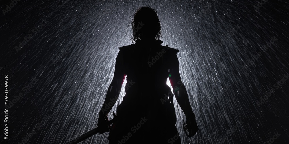 Amidst the pouring rain, a hooded figure grips a sword, casting an ...