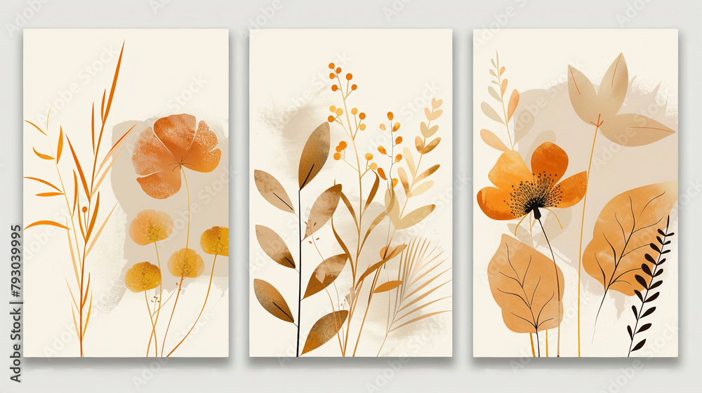 Abstract botanical wall art set with leaves and plants in neutral tones ...