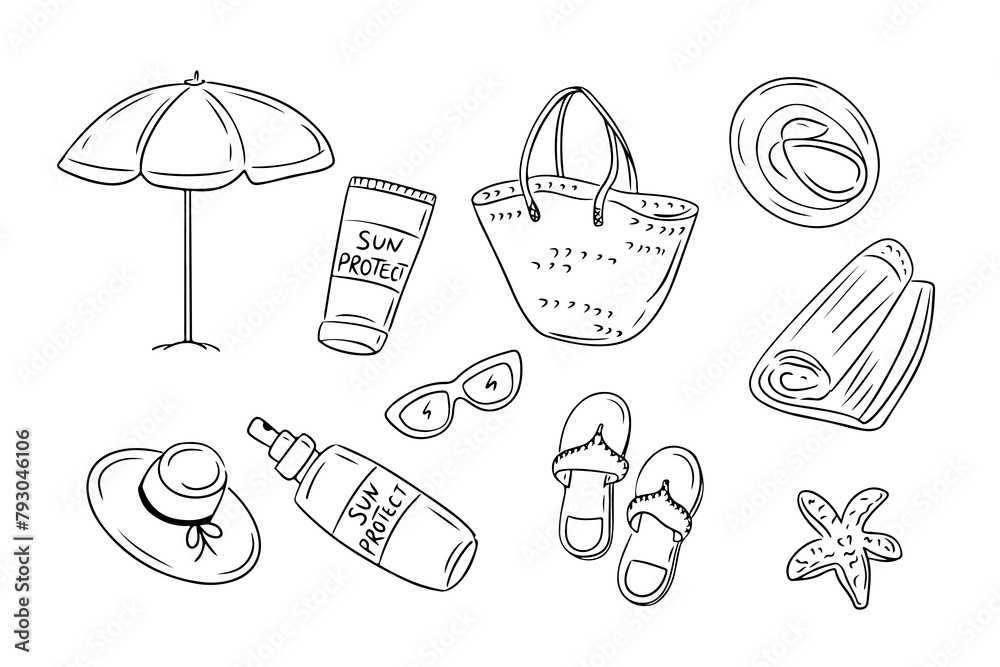 Black doodle set of summer beach items isolated on white background ...