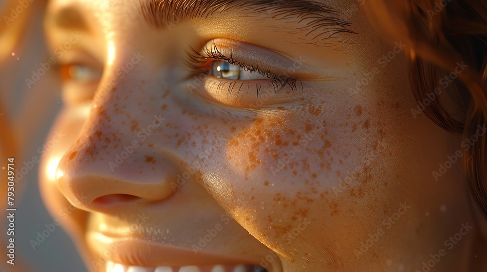 3D depiction of a woman laughing, highlighting the movement of freckles ...