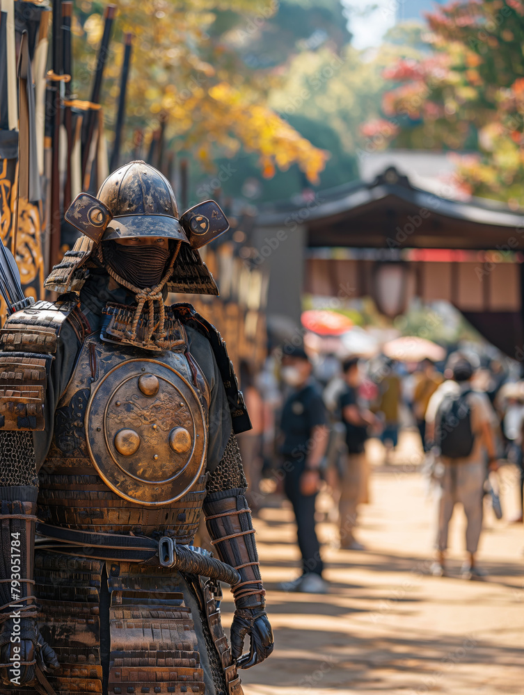Sumida Park in Tokyo, an archer dressed in the uniform of a samurai ...
