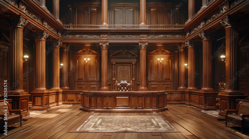 Majestic Traditional Courtroom Interior with Gavel and Justice Symbols ...