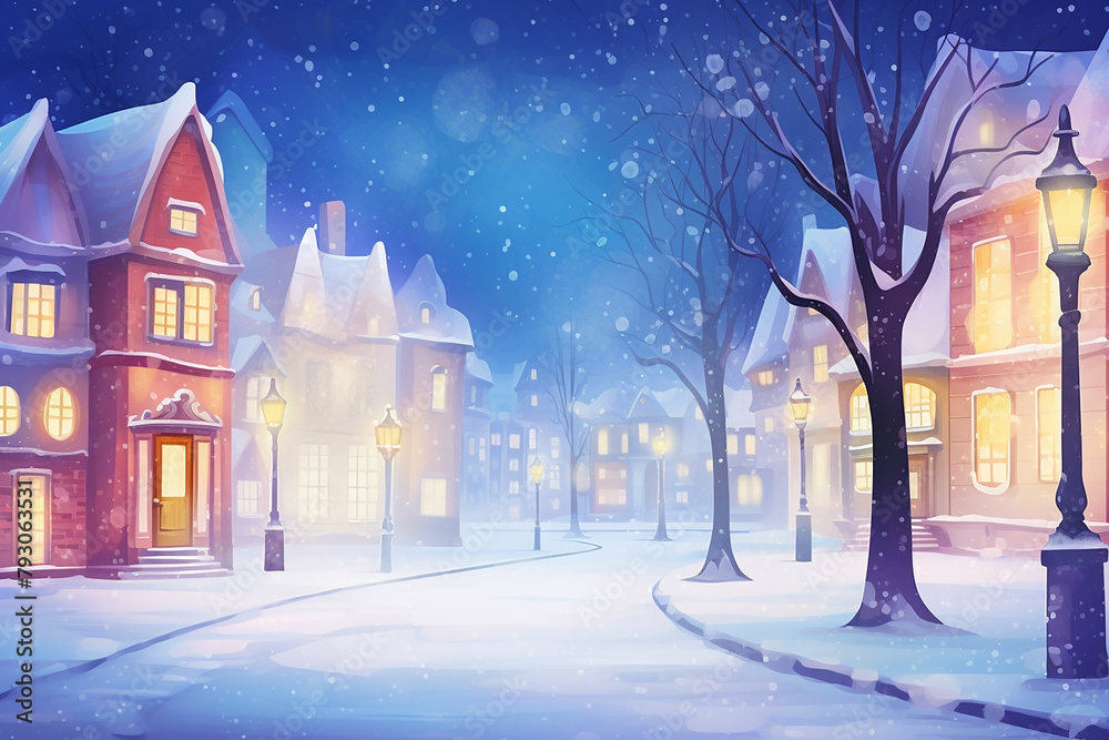 A cartoon drawing of a street in a small town at night during a gentle ...