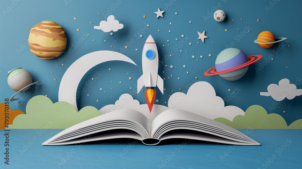 Mock-up of blank pages of an open notebook with a cute spaceship is ...