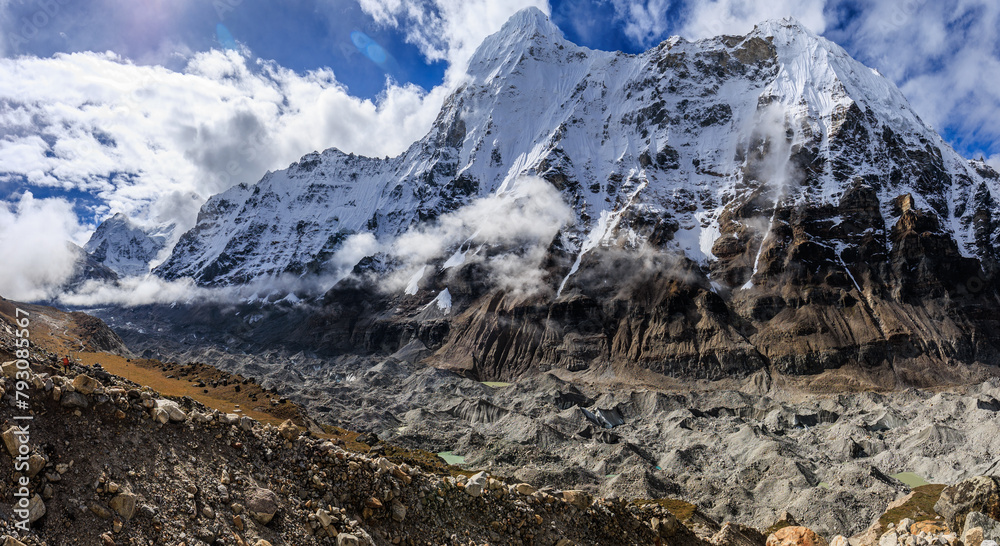 Panorama view of Ramthang Chang mountain (6,802m) and Kanchenjunga ...