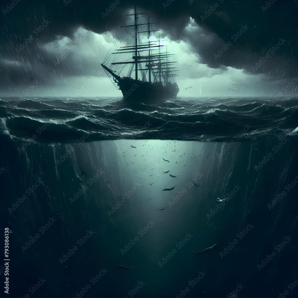 A lone ship sailing in the open ocean during stormy night, the giant ...