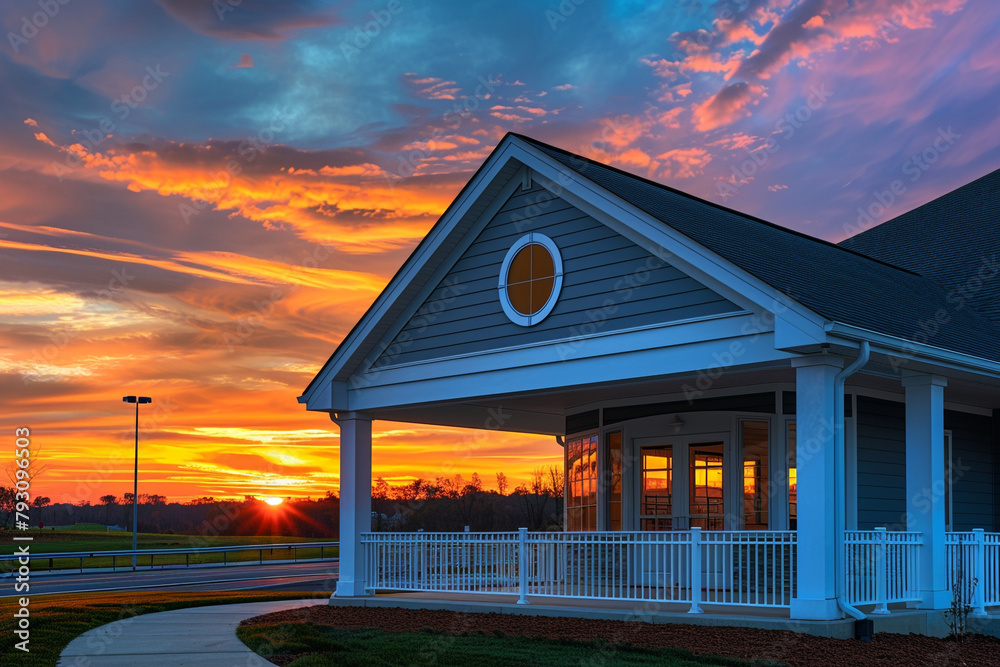 The glow of sunset behind a newly built clubhouse with a white porch ...