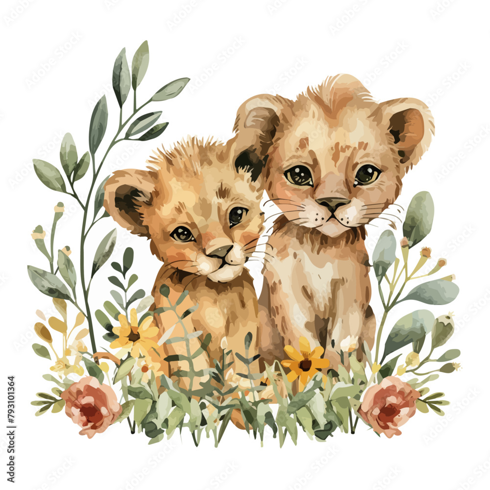 Vecteur Stock Watercolor vector of a lion cub, isolated on a white ...