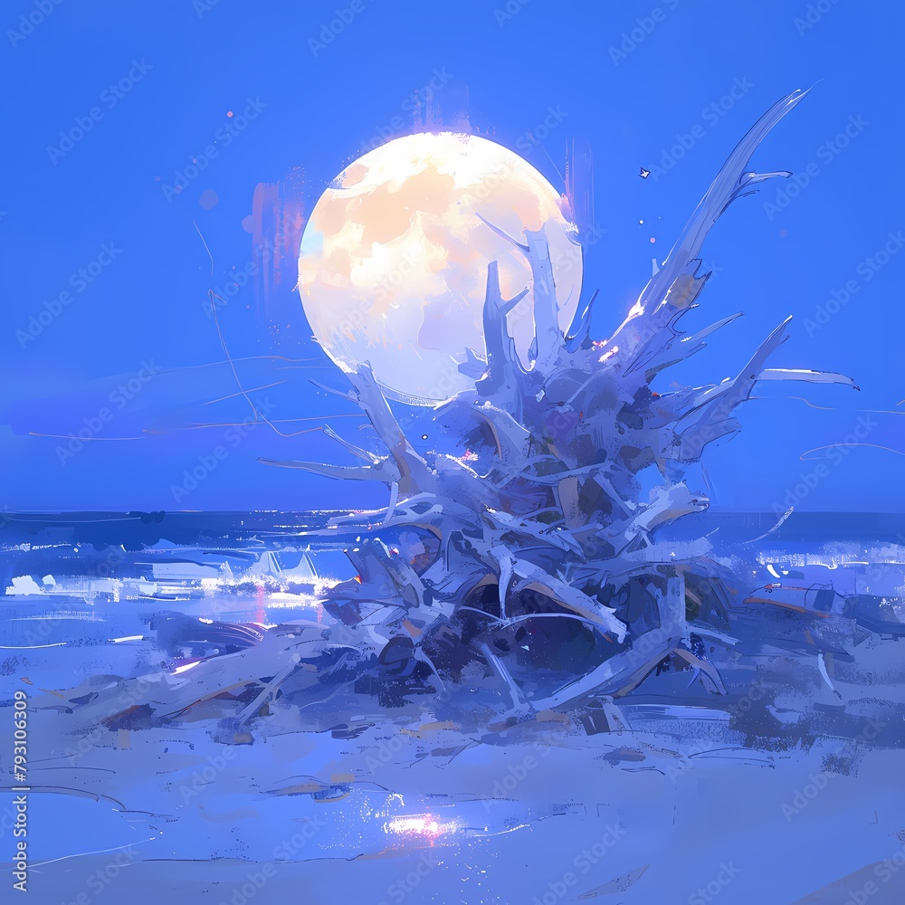 Ethereal Beacon: The Full Moon Glows Above a Stranded Shipwreck at Dusk ...