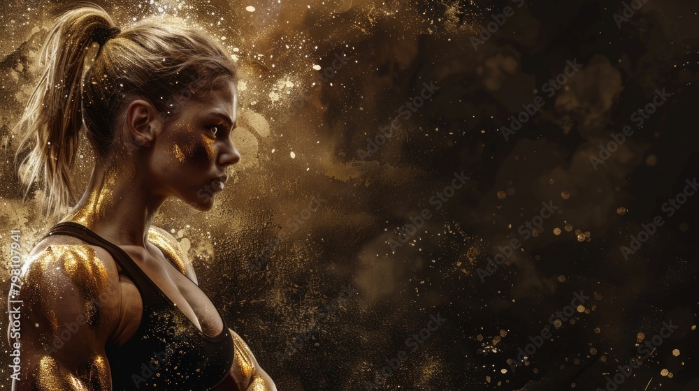 Gold glitter on bodybuilder woman body. Web banner female on the left ...
